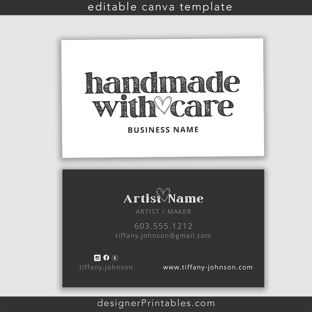 Business Card Template - Handmade with Care - Editable Canva Templates ...