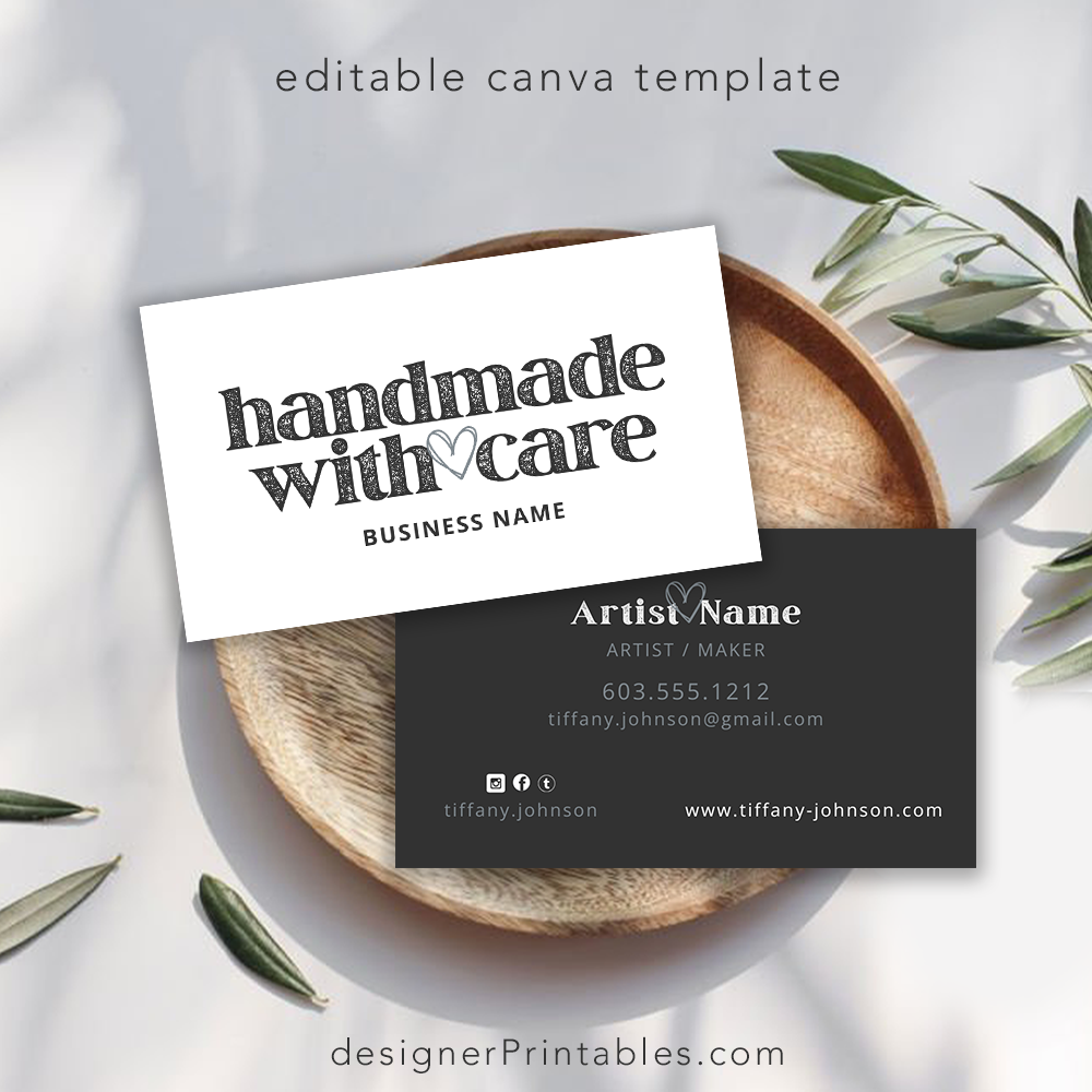Business Card Template - Handmade with Care - Editable Canva Templates ...